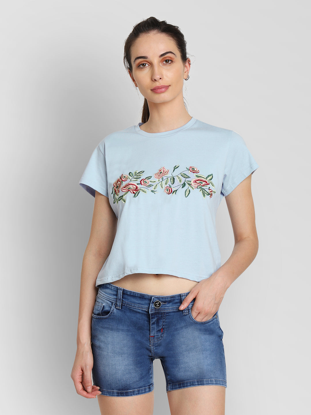 JUMP USA Women Blue Self Design Crop Top